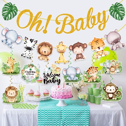 Safari Baby Shower Decorations for Boy, NO-DIY Jungle Baby Shower Decorations for Boy Include Safari Birthday Banner and Hanging Swirls, Animal Baby Shower Decorations, Jungle Party Decorations