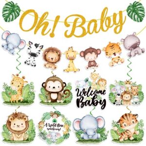 safari baby shower decorations for boy, no-diy jungle baby shower decorations for boy include safari birthday banner and hanging swirls, animal baby shower decorations, jungle party decorations