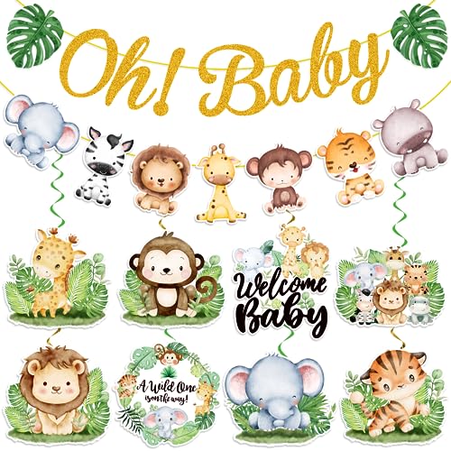 Safari Baby Shower Decorations for Boy, NO-DIY Jungle Baby Shower Decorations for Boy Include Safari Birthday Banner and Hanging Swirls, Animal Baby Shower Decorations, Jungle Party Decorations