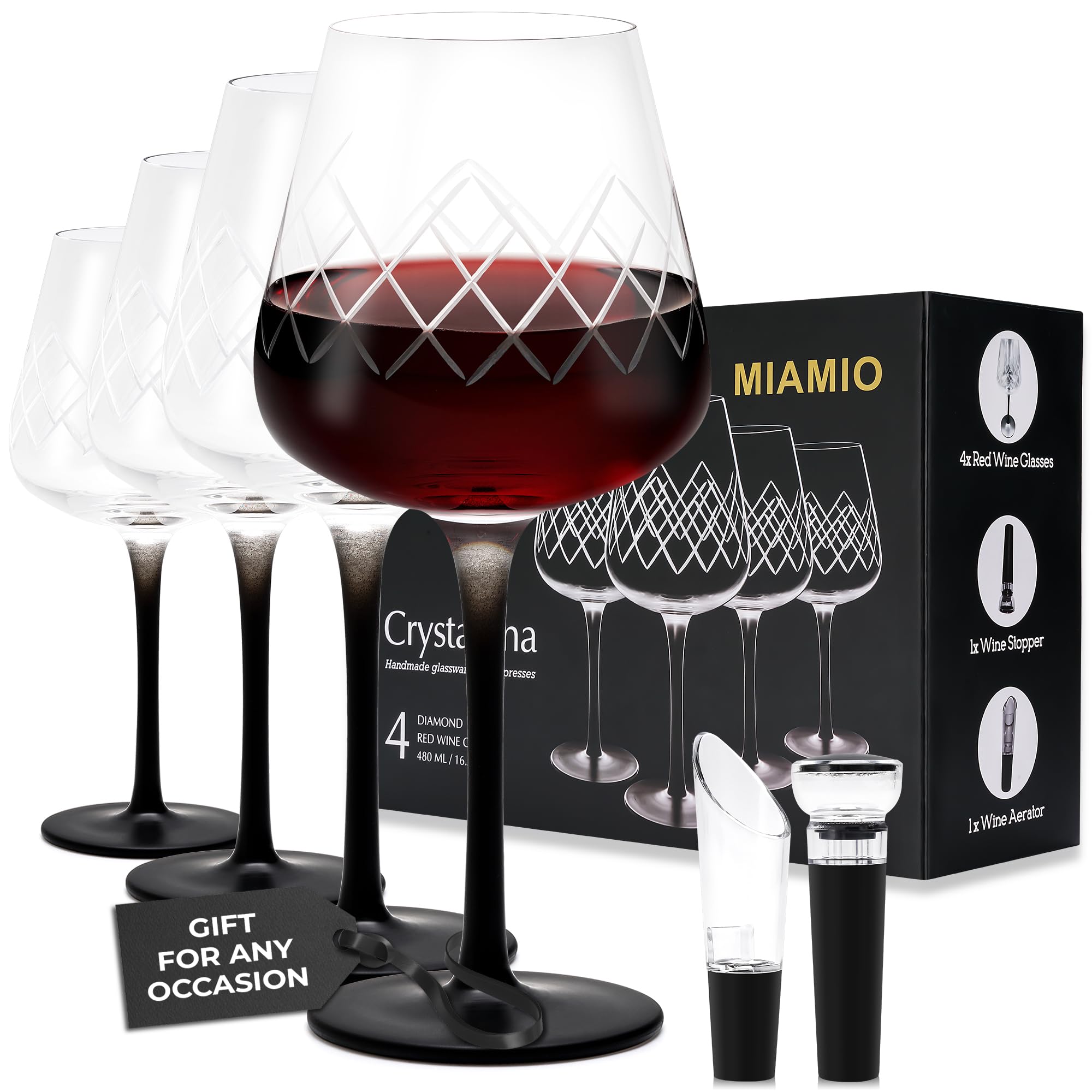 MIAMIO – Wine Glasses, Set of 4 Premium Crystal Wine Glasses with Black Long Stem Wine Glasses, Unique Wine Glasses – Crystaluna Collection (Red Wine)