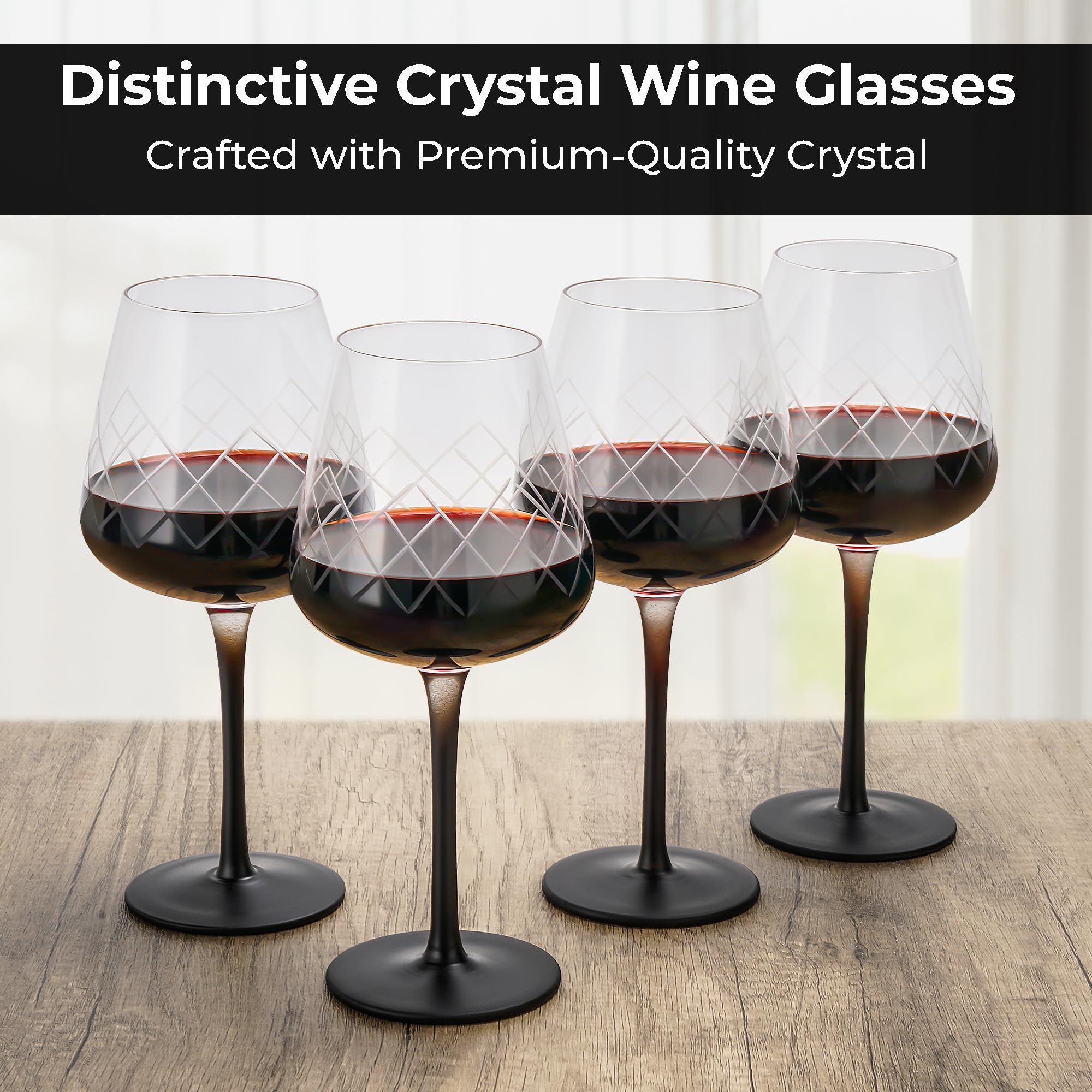 MIAMIO – Wine Glasses, Set of 4 Premium Crystal Wine Glasses with Black Long Stem Wine Glasses, Unique Wine Glasses – Crystaluna Collection (Red Wine)