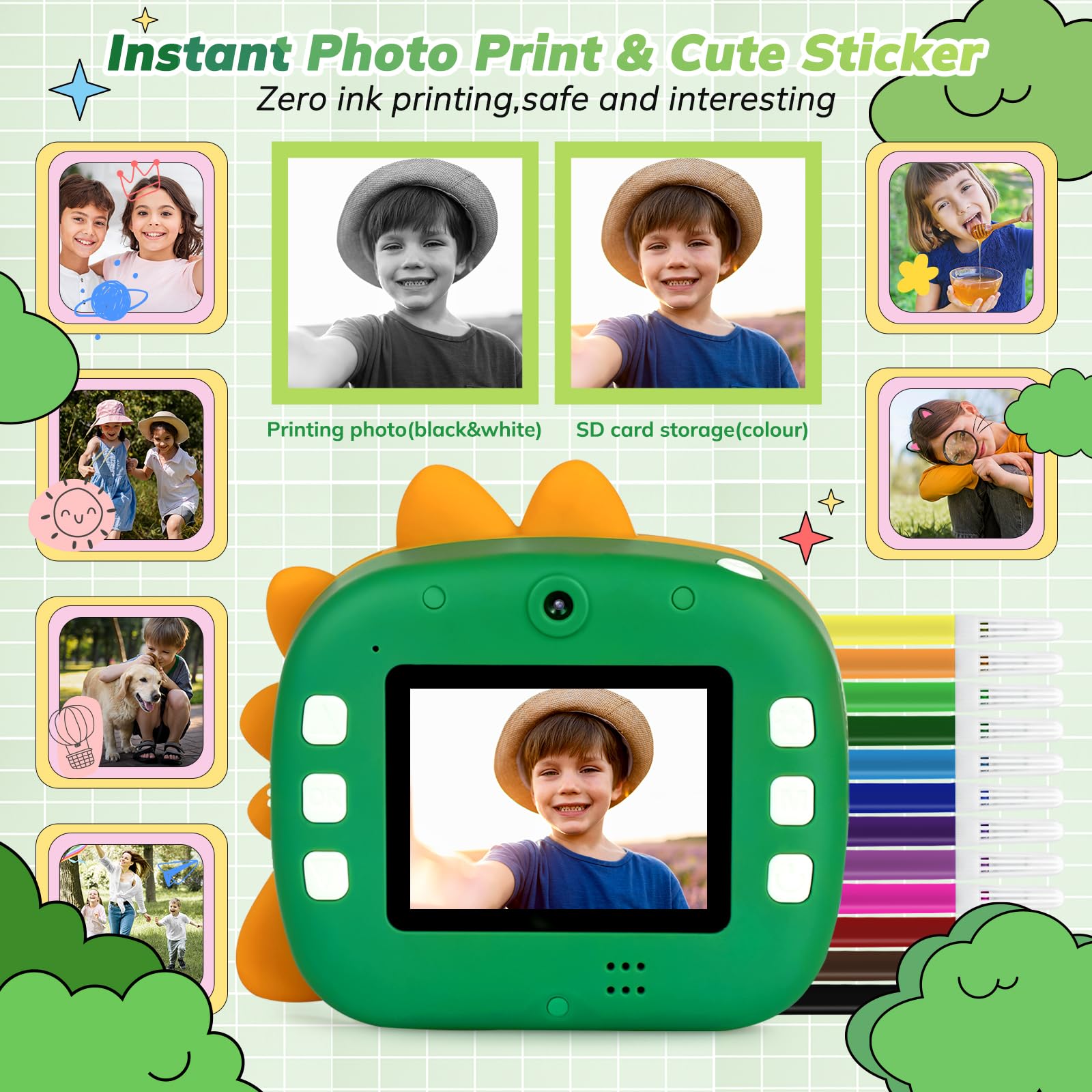 Instant Print Camera for Kids, HD Video Camera with Instant Printing, WiFi Connect with Mobile Album Printing, Color Pen Set and 32GB Card, Christmas Birthday Festival Gifts for Girls Boys Age 3-12