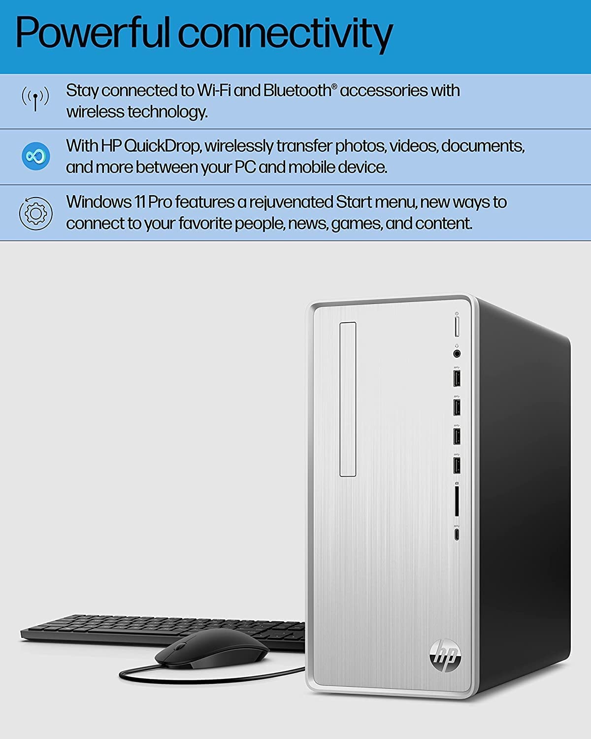 HP 2023 Newest Pavilion Desktop PC, AMD Ryzen 7 5700G (8 cores), 16GB RAM, 1TB SSD, AMD Radeon Graphics, Wi-Fi, Bluetooth, Keyboard and Mouse Combo, 9 USB Ports, Windows 11 Home, Silver