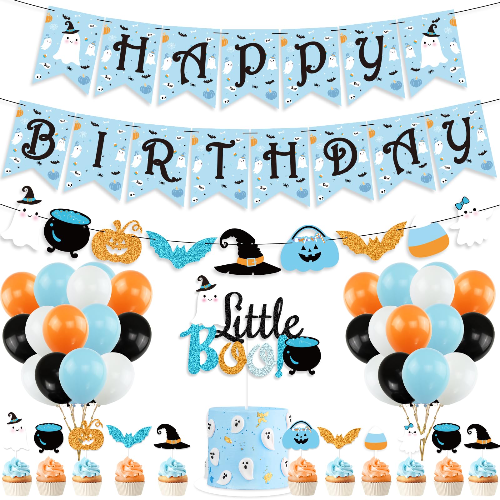 Blue Halloween Baby Shower Decorations, Boys Halloween Happy Birthday Banner Ghost Little Boo Cake Topper & Balloons for Halloween Theme Baby Shower The Spooky One Happy Boo Day Party Supplies