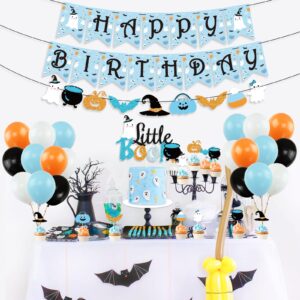 Blue Halloween Baby Shower Decorations, Boys Halloween Happy Birthday Banner Ghost Little Boo Cake Topper & Balloons for Halloween Theme Baby Shower The Spooky One Happy Boo Day Party Supplies