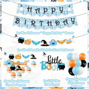 Blue Halloween Baby Shower Decorations, Boys Halloween Happy Birthday Banner Ghost Little Boo Cake Topper & Balloons for Halloween Theme Baby Shower The Spooky One Happy Boo Day Party Supplies