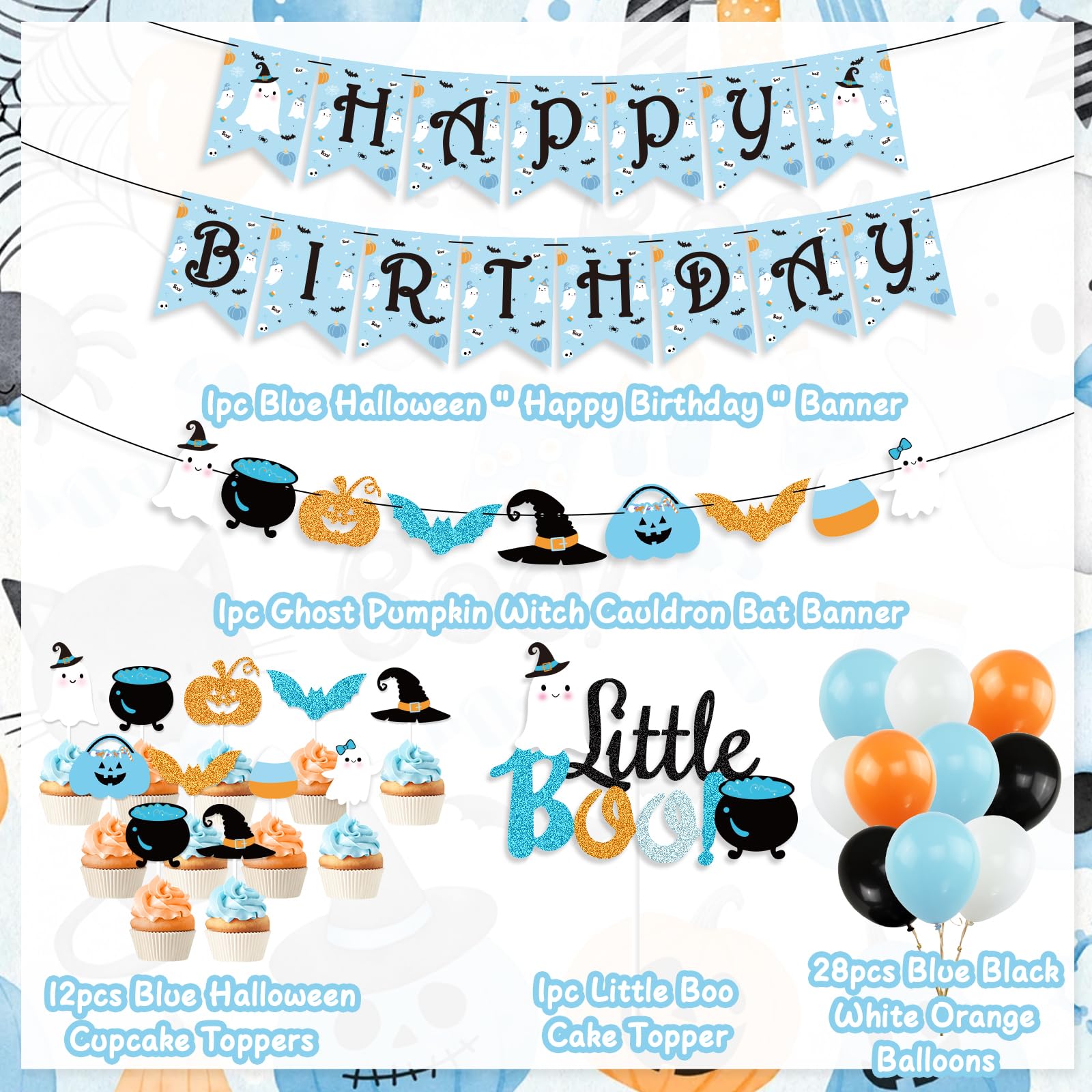 Blue Halloween Baby Shower Decorations, Boys Halloween Happy Birthday Banner Ghost Little Boo Cake Topper & Balloons for Halloween Theme Baby Shower The Spooky One Happy Boo Day Party Supplies