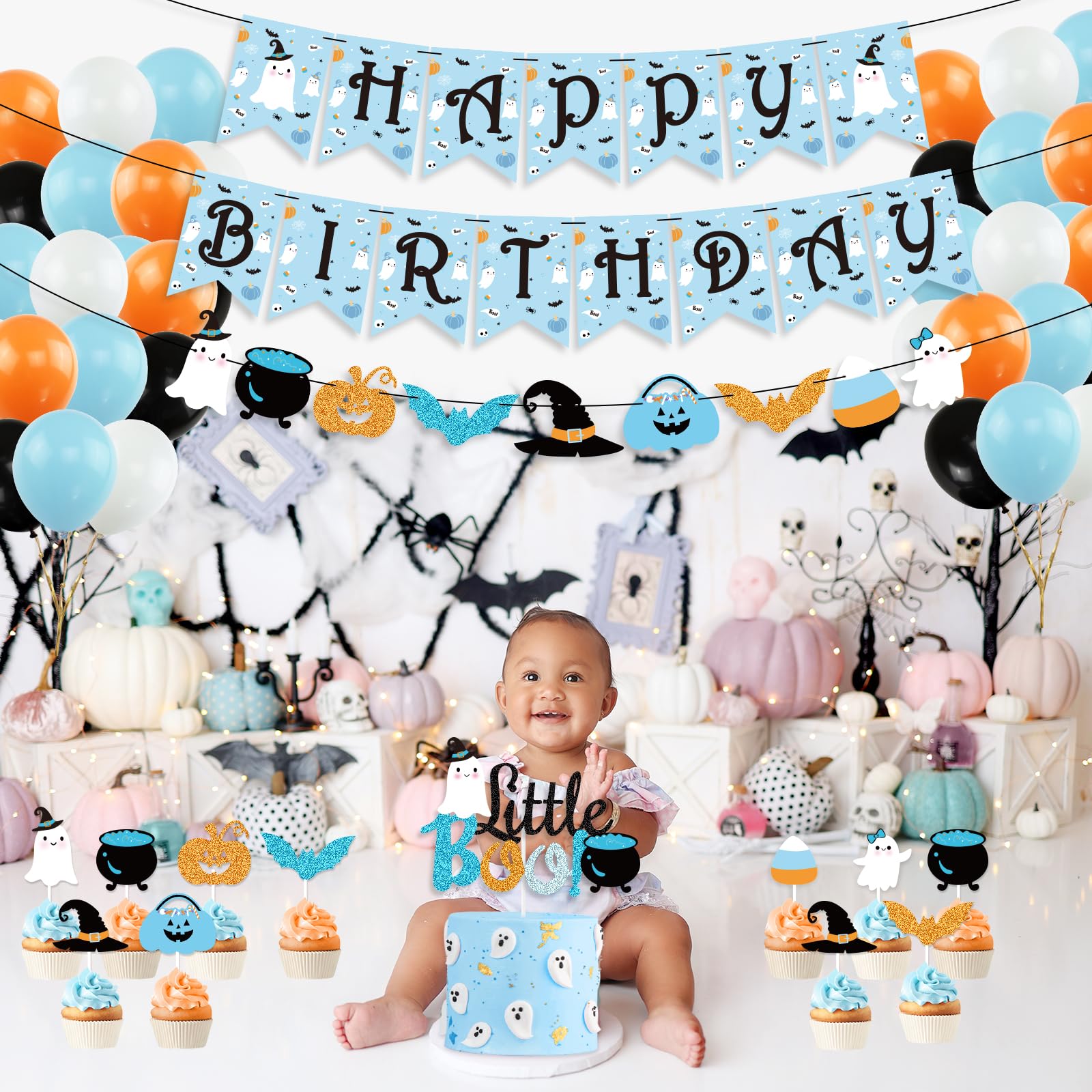 Blue Halloween Baby Shower Decorations, Boys Halloween Happy Birthday Banner Ghost Little Boo Cake Topper & Balloons for Halloween Theme Baby Shower The Spooky One Happy Boo Day Party Supplies