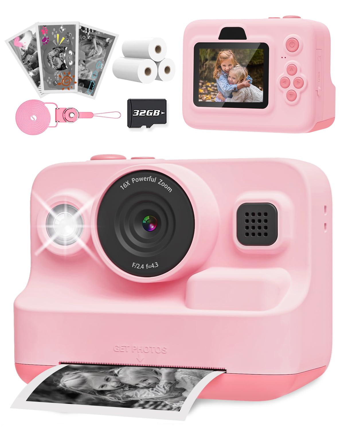 Anchioo Instant Print Camera for Kids, 2.4 Inch Screen Camera with 3 Print Paper, Birthday Gift for Girls Boys Age 3-12, 1080P Instant Camera Toys for 3 4 5 6 7 8 Year Old - Pink