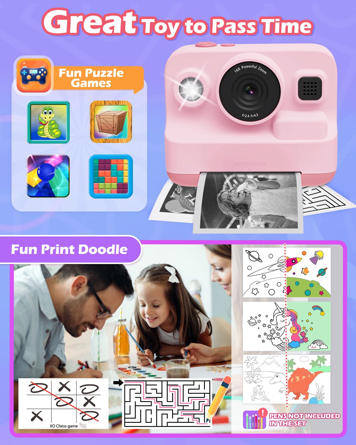 Anchioo Instant Print Camera for Kids, 2.4 Inch Screen Camera with 3 Print Paper, Birthday Gift for Girls Boys Age 3-12, 1080P Instant Camera Toys for 3 4 5 6 7 8 Year Old - Pink