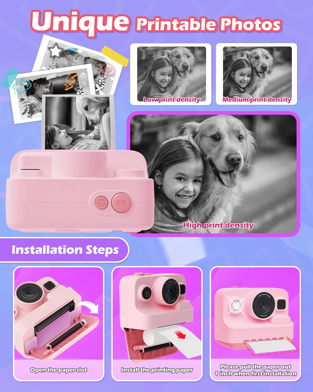 Anchioo Instant Print Camera for Kids, 2.4 Inch Screen Camera with 3 Print Paper, Birthday Gift for Girls Boys Age 3-12, 1080P Instant Camera Toys for 3 4 5 6 7 8 Year Old - Pink