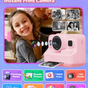 Anchioo Instant Print Camera for Kids, 2.4 Inch Screen Camera with 3 Print Paper, Birthday Gift for Girls Boys Age 3-12, 1080P Instant Camera Toys for 3 4 5 6 7 8 Year Old - Pink