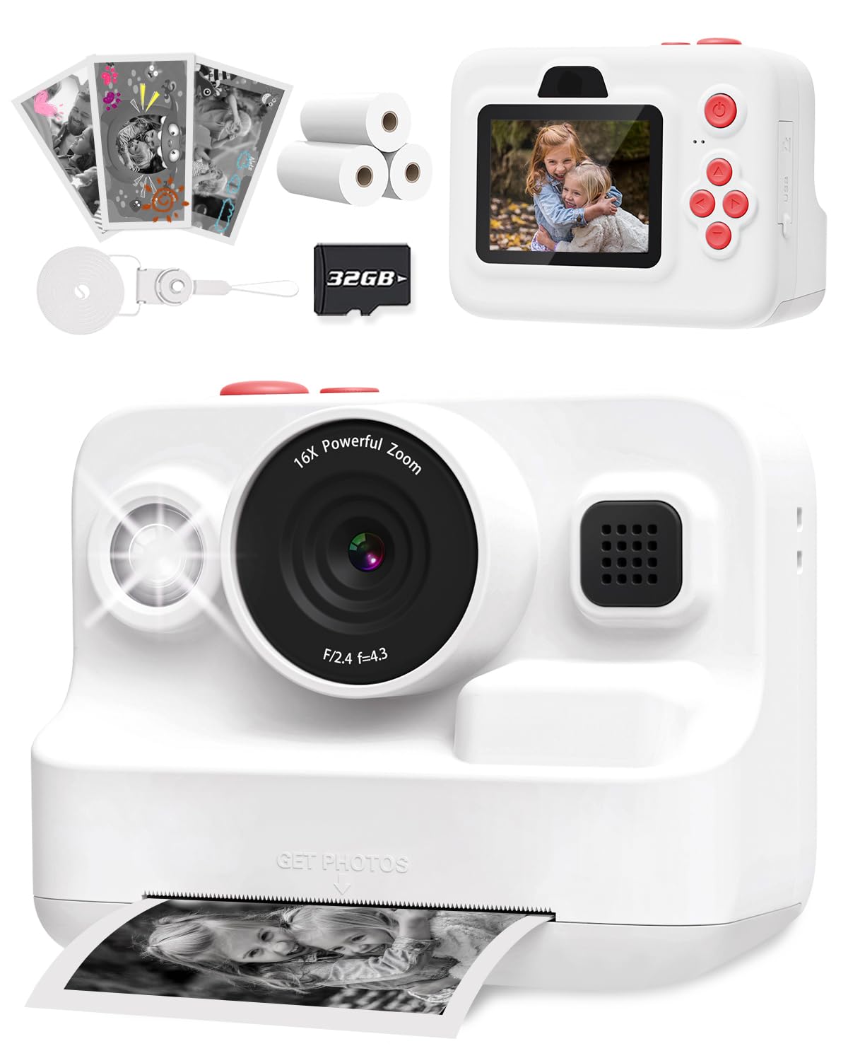 Anchioo Kids Camera Instant Print, 1080P Kids Digital Camera with Printer Paper, Christmas Birthday Gift for Girls Boys Age 3-12, Kids Print Camera Toy for 4 5 6 7 8 Year Old Boy, 32G SD Card - White