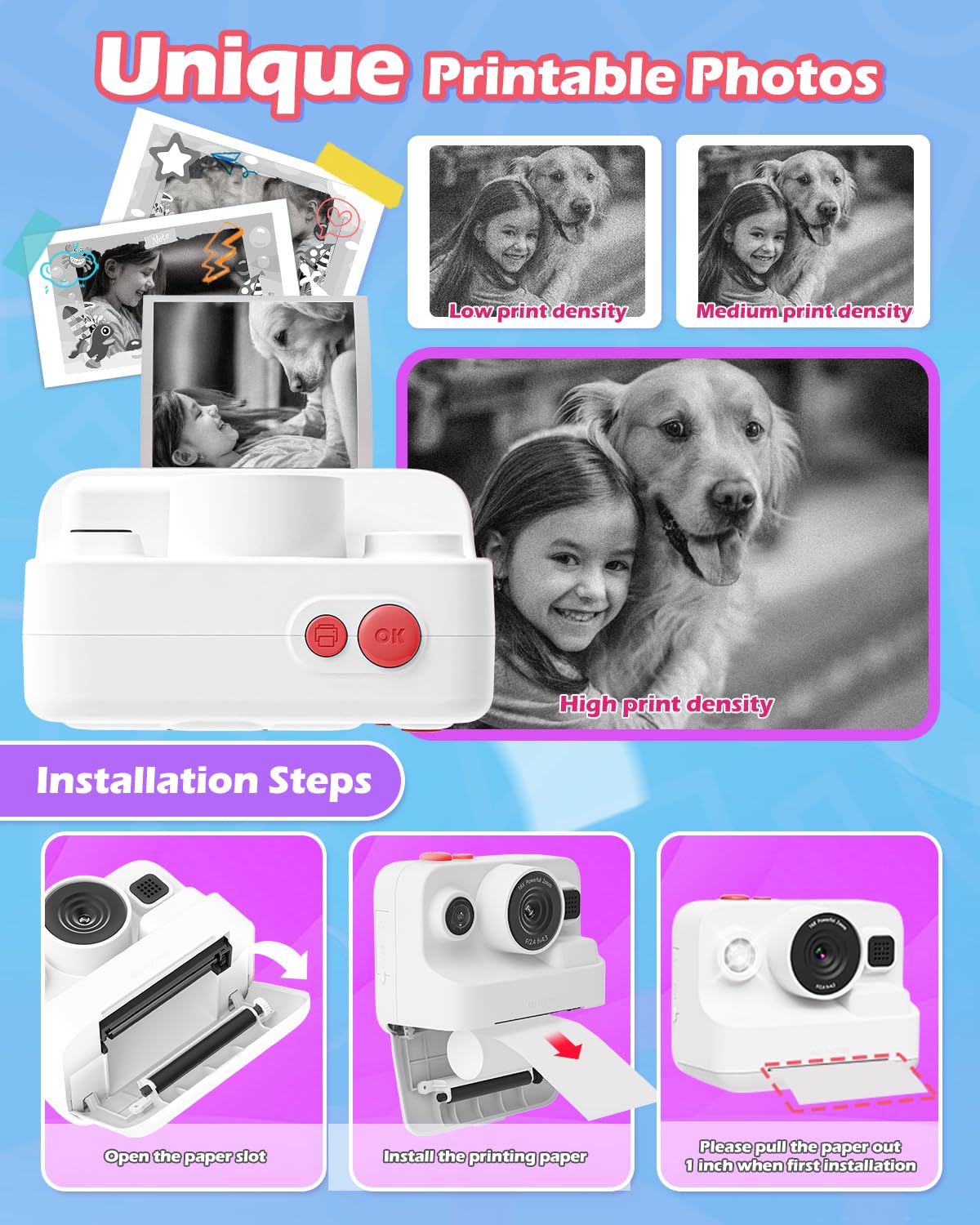 Anchioo Kids Camera Instant Print, 1080P Kids Digital Camera with Printer Paper, Christmas Birthday Gift for Girls Boys Age 3-12, Kids Print Camera Toy for 4 5 6 7 8 Year Old Boy, 32G SD Card - White