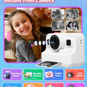 Anchioo Kids Camera Instant Print, 1080P Kids Digital Camera with Printer Paper, Christmas Birthday Gift for Girls Boys Age 3-12, Kids Print Camera Toy for 4 5 6 7 8 Year Old Boy, 32G SD Card - White