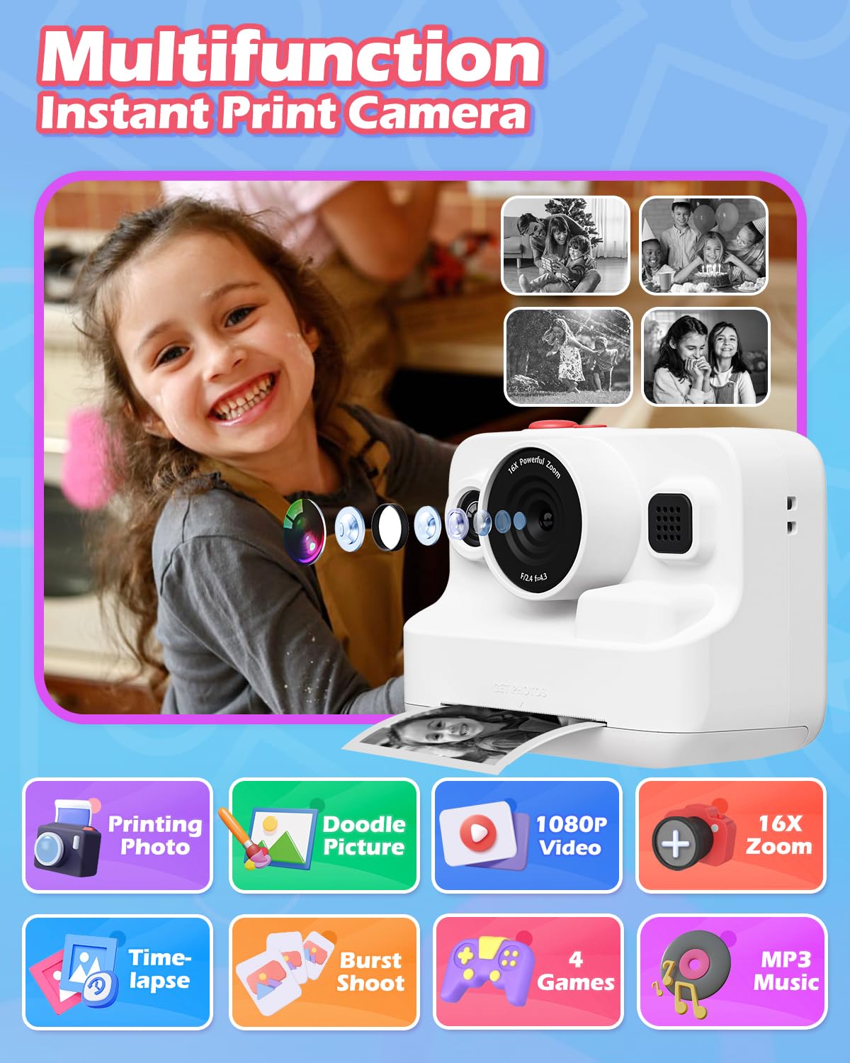 Anchioo Kids Camera Instant Print, 1080P Kids Digital Camera with Printer Paper, Christmas Birthday Gift for Girls Boys Age 3-12, Kids Print Camera Toy for 4 5 6 7 8 Year Old Boy, 32G SD Card - White