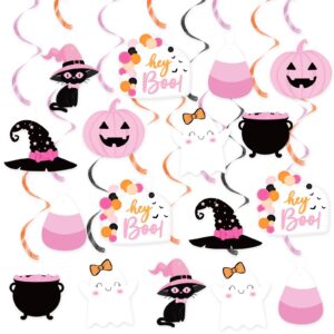 20pcs pink halloween party hanging swirl,cute ghost witch cauldron pumpkin sugar boo ceiling hanging streamer for little boo happy boo day baby shower gender reveal girl halloween birthday party decor