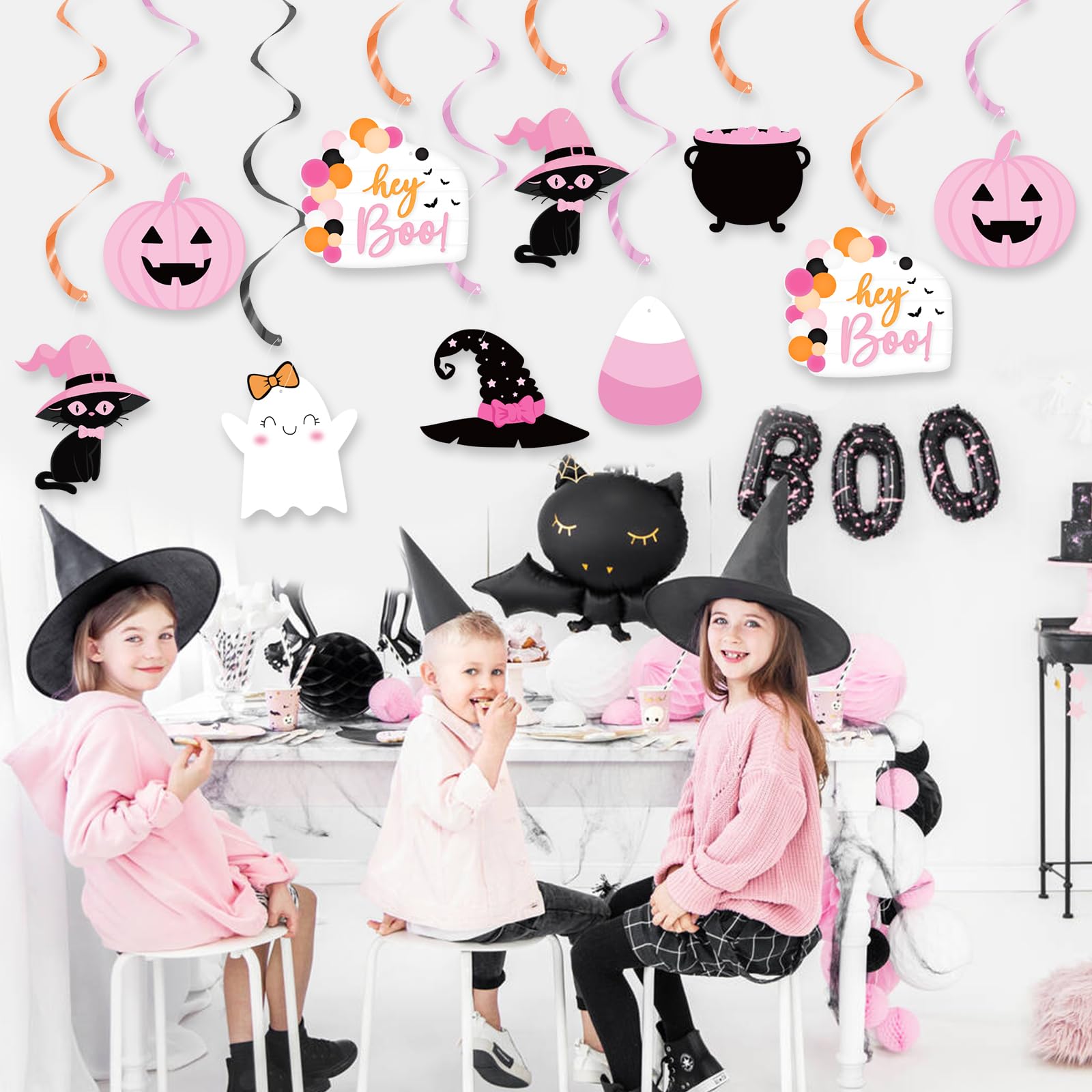 20Pcs Pink Halloween Party Hanging Swirl,Cute Ghost Witch Cauldron Pumpkin Sugar Boo Ceiling Hanging Streamer for Little Boo Happy Boo Day Baby Shower Gender Reveal Girl Halloween Birthday Party Decor