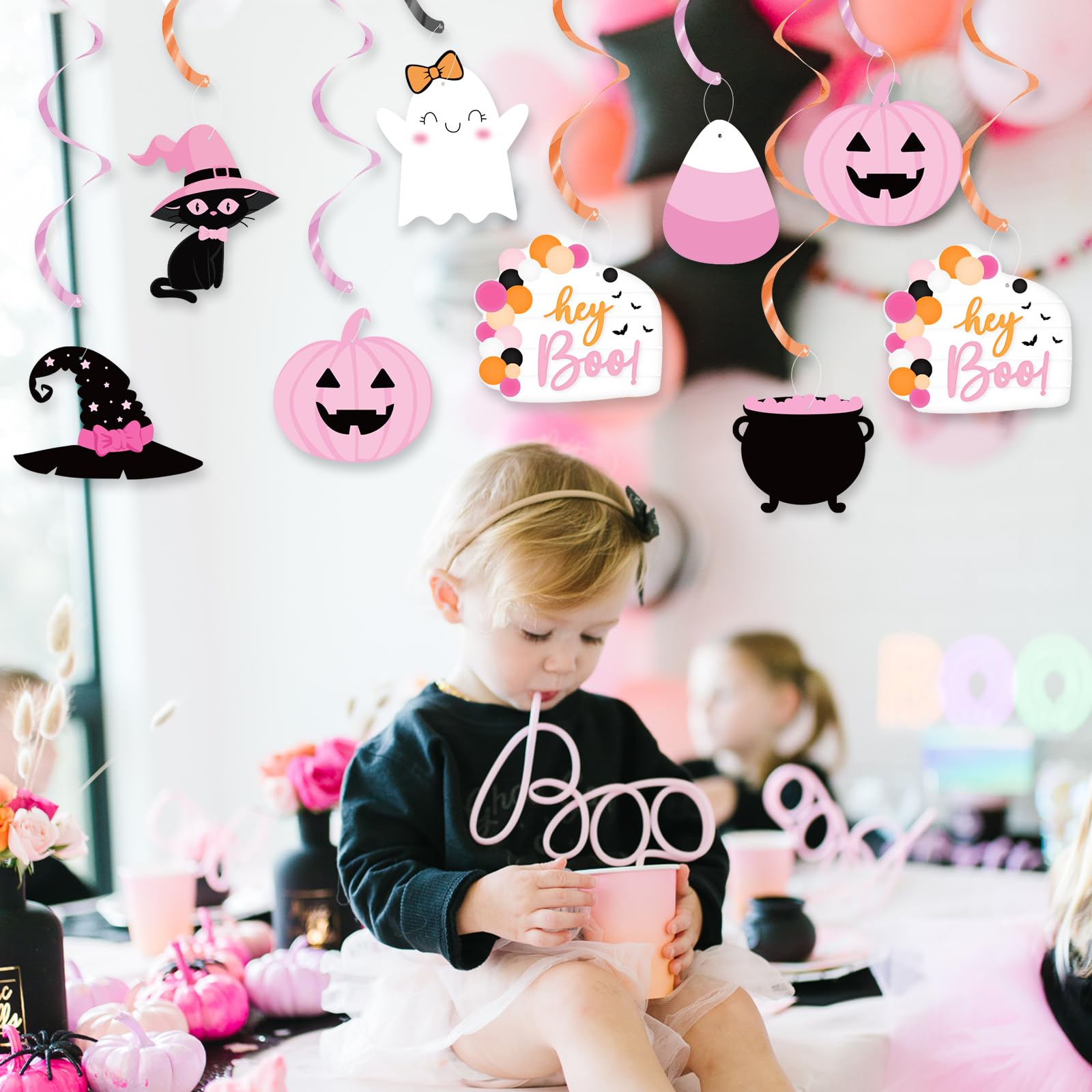 20Pcs Pink Halloween Party Hanging Swirl,Cute Ghost Witch Cauldron Pumpkin Sugar Boo Ceiling Hanging Streamer for Little Boo Happy Boo Day Baby Shower Gender Reveal Girl Halloween Birthday Party Decor