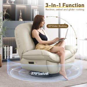 COOSLEEP Oversized Electric Rocker Recliner Swivel Glider with 43.5'' Sitting Width and 270° Swivel,360° Surround Sound Breathing Ambient Lighting,Comes a 3-in-1 Pillow (Beige)