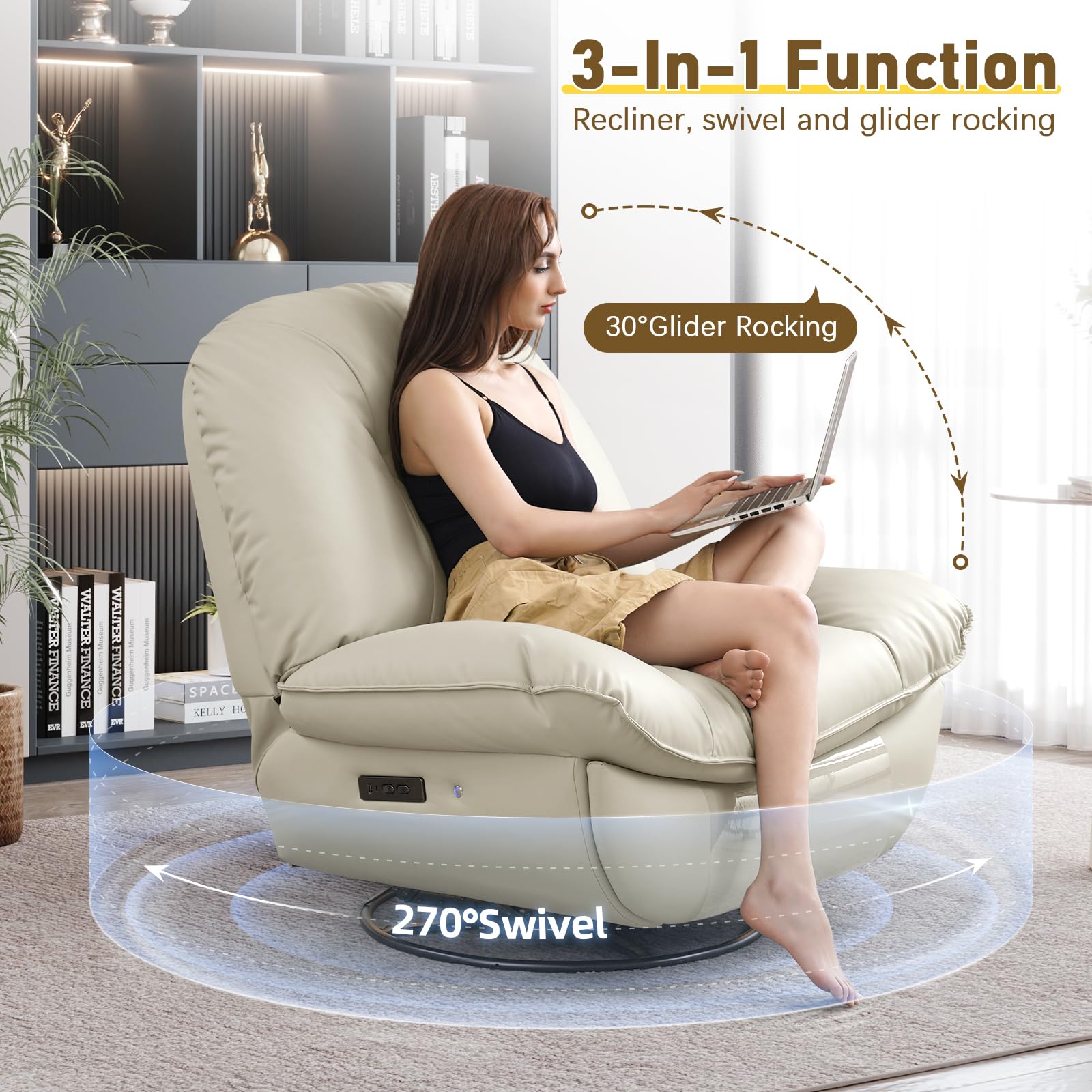 COOSLEEP Oversized Electric Rocker Recliner Swivel Glider with 43.5'' Sitting Width and 270° Swivel,360° Surround Sound Breathing Ambient Lighting,Comes a 3-in-1 Pillow (Beige)