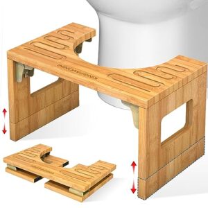 bamboo toilet stool squat 7in & 9in adjustable heights, foldable poop stool for bathroom adults kids, potty stool with non-slip layer to improve bathroom posture and comfort, 400 lbs capacity