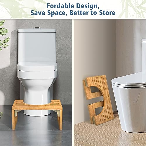 Bamboo Toilet Stool Squat 7in & 9in Adjustable Heights, Foldable Poop Stool for Bathroom Adults Kids, Potty Stool with Non-Slip Layer to Improve Bathroom Posture and Comfort, 400 lbs Capacity