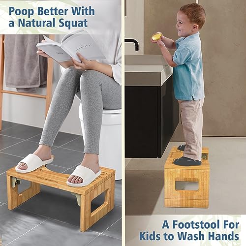 Bamboo Toilet Stool Squat 7in & 9in Adjustable Heights, Foldable Poop Stool for Bathroom Adults Kids, Potty Stool with Non-Slip Layer to Improve Bathroom Posture and Comfort, 400 lbs Capacity