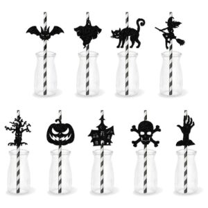 27 pcs halloween paper straws pumpkin bat skeleton pattern black cat witch castle sticker insert straws disposable black paper drinking straws cake topper for halloween party birthday supplies