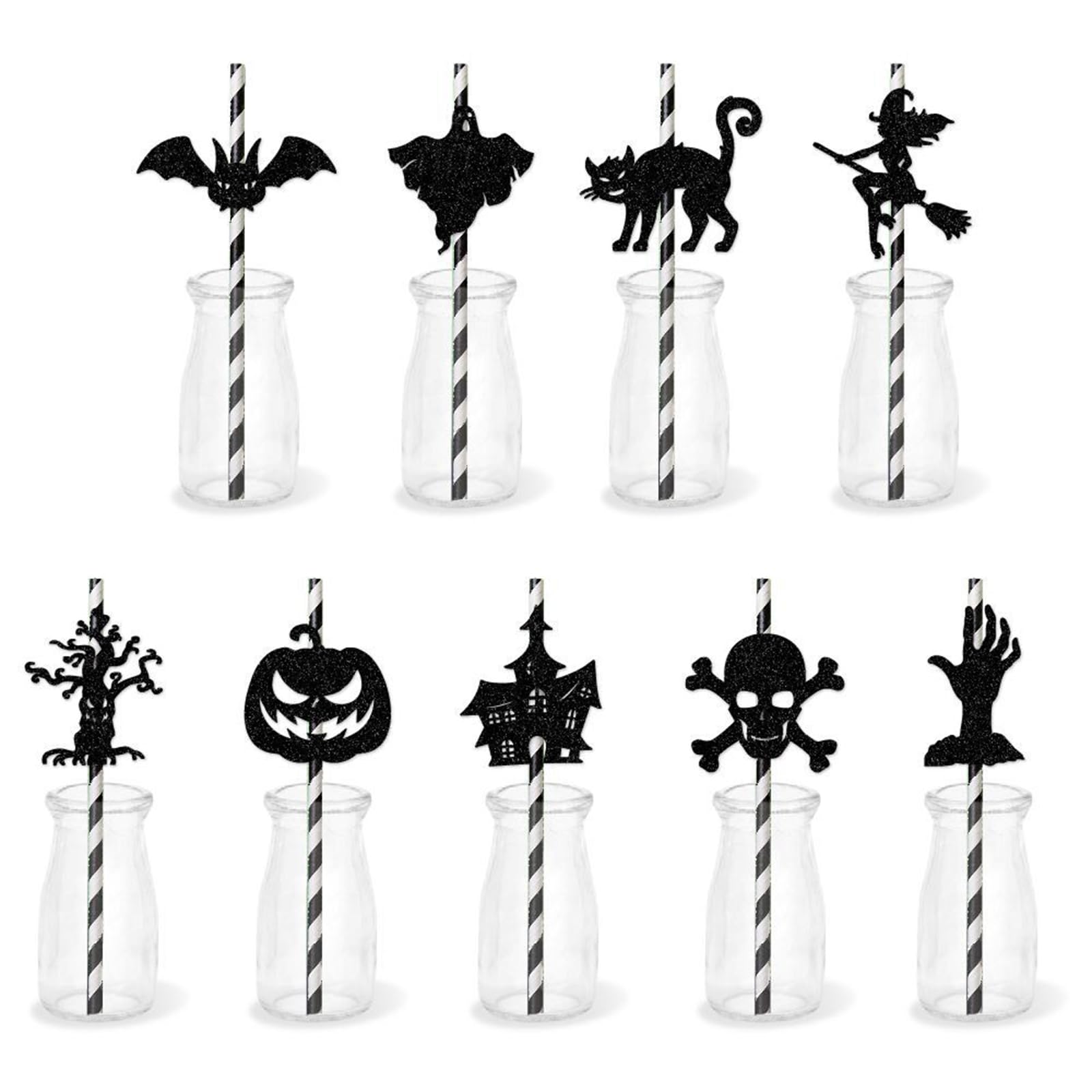 27 Pcs Halloween Paper Straws Pumpkin Bat Skeleton Pattern Black Cat Witch Castle Sticker Insert Straws Disposable Black Paper Drinking Straws Cake topper for Halloween Party Birthday Supplies