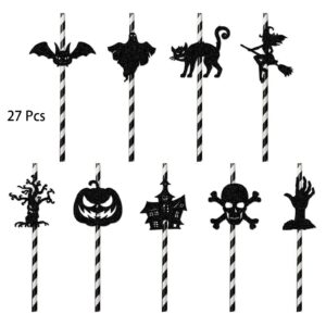 27 Pcs Halloween Paper Straws Pumpkin Bat Skeleton Pattern Black Cat Witch Castle Sticker Insert Straws Disposable Black Paper Drinking Straws Cake topper for Halloween Party Birthday Supplies