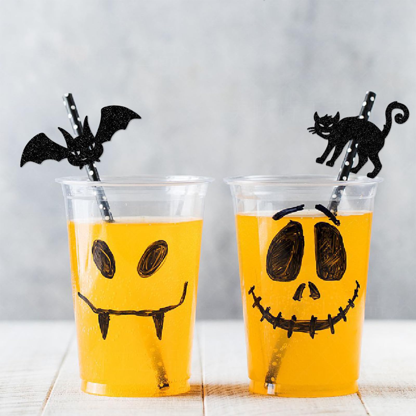 27 Pcs Halloween Paper Straws Pumpkin Bat Skeleton Pattern Black Cat Witch Castle Sticker Insert Straws Disposable Black Paper Drinking Straws Cake topper for Halloween Party Birthday Supplies