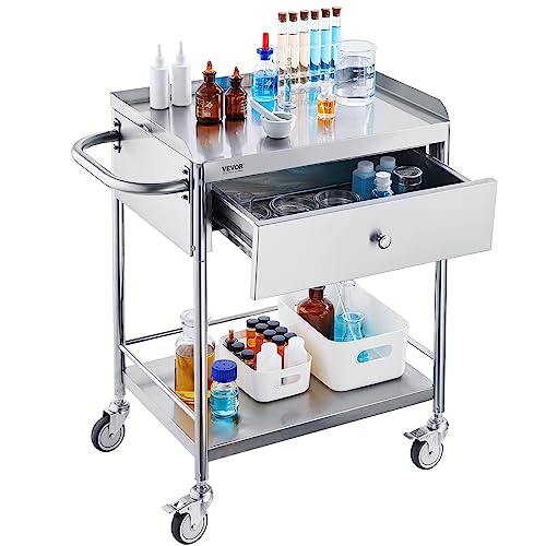 VEVOR Medical Cart, 2-Layer Stainless Steel Cart 220 lbs Weight Capacity, Lab Utility Cart with 360° Silent Wheels and a Drawer for Lab, Clinic, Kitchen, Salon