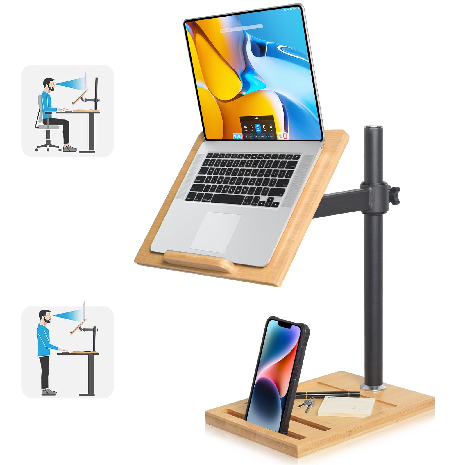 wishacc Laptop Stand Wood Adjustable Height with Phone Slot Holder, Laptop Raised Stand for Desk, Laptop Riser Stand of Elevated Stand, Tall, Strong and Airflow Even for 17 inch (13.2 x 9.2 inches)