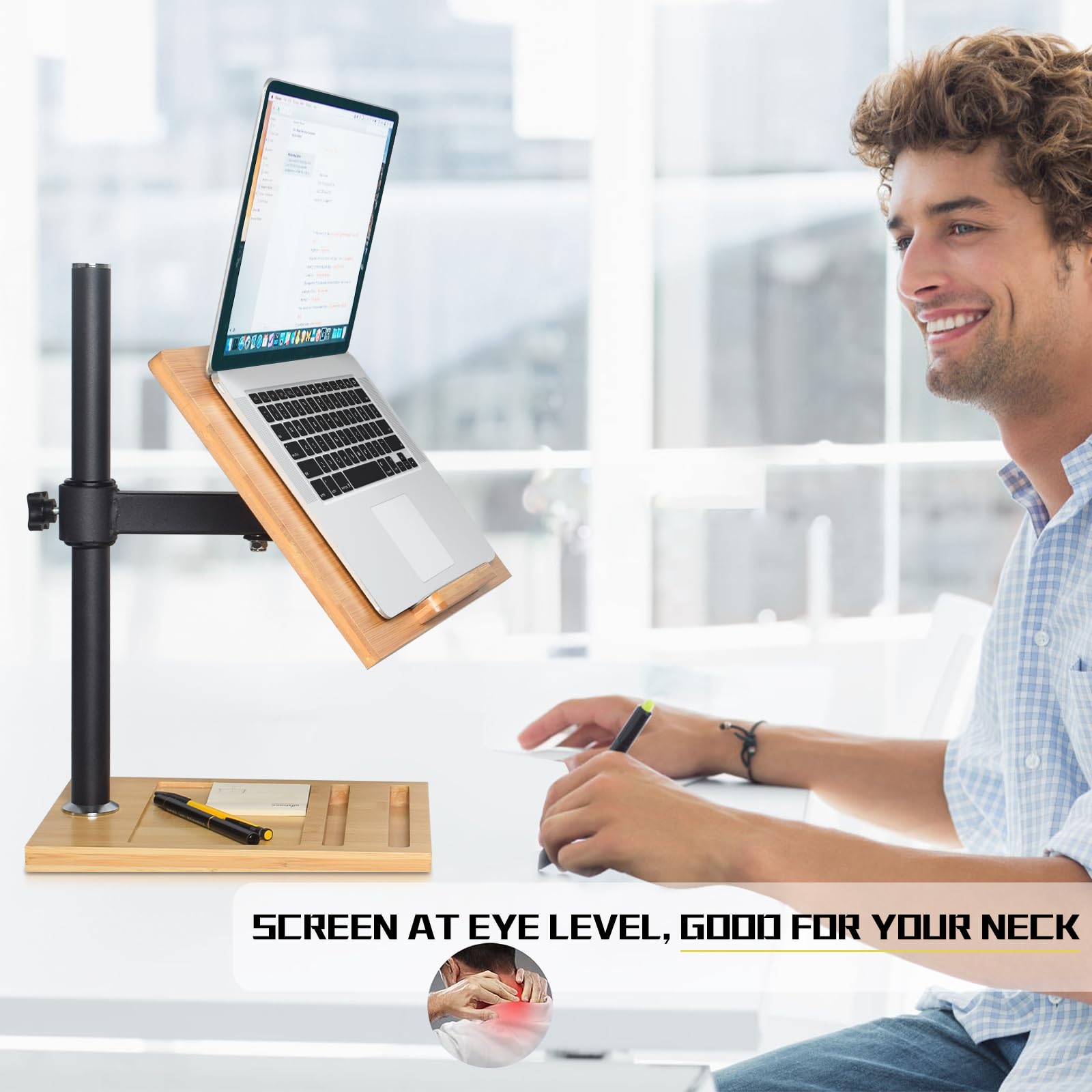 wishacc Laptop Stand Wood Adjustable Height with Phone Slot Holder, Laptop Raised Stand for Desk, Laptop Riser Stand of Elevated Stand, Tall, Strong and Airflow Even for 17 inch (13.2 x 9.2 inches)