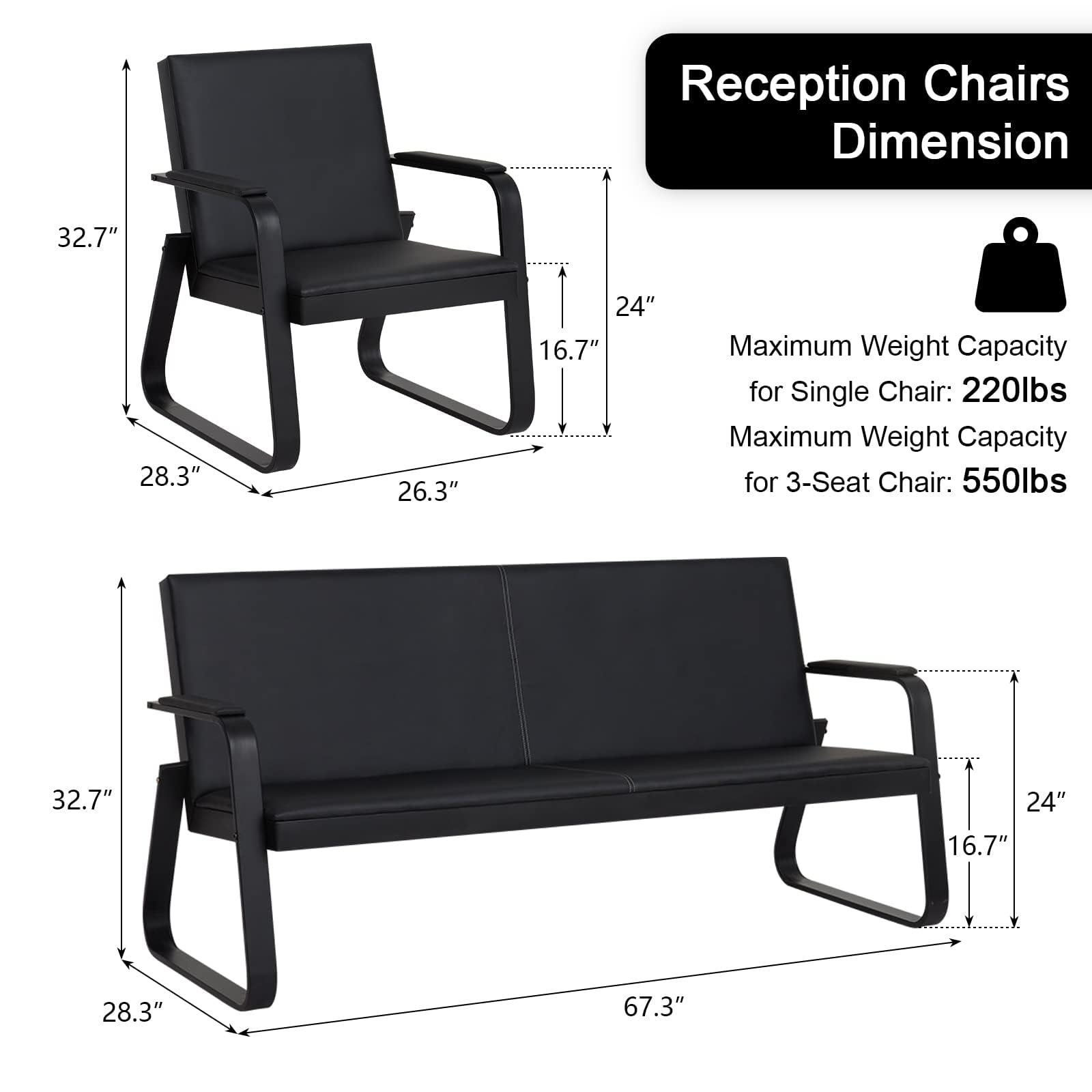 Kinsuite 5-Seat Waiting Room Chairs - PU Waiting Room Chair Reception Chairs Office Guest Chairs & Reception Chairs Lobby Bench Seating for Airport Barber Shop Lobby