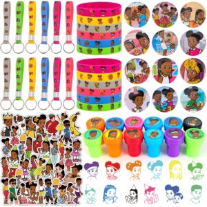 98pcs birthday party decorations, birthday party supplies, party favor corner include 12 bracelets,12 button pins, 12 keychain, 12 seal,50 stickers for classroom rewards,birthday party gift