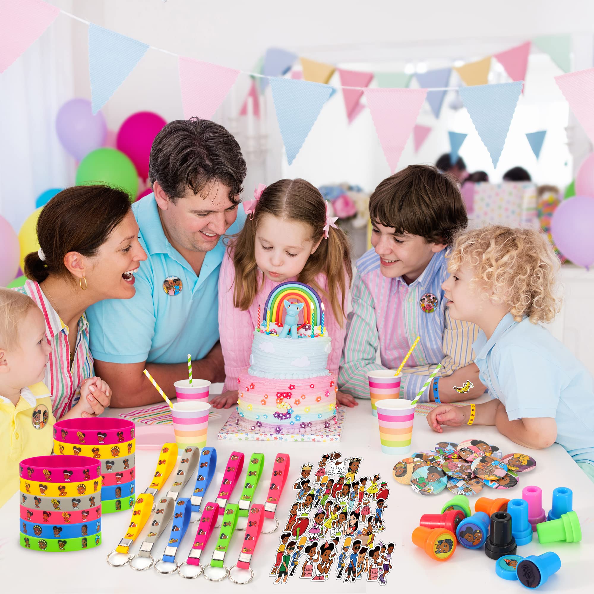 98PCS Birthday Party Decorations, Birthday Party Supplies, Party Favor Corner Include 12 Bracelets,12 Button Pins, 12 Keychain, 12 seal,50 Stickers for Classroom Rewards,Birthday Party Gift