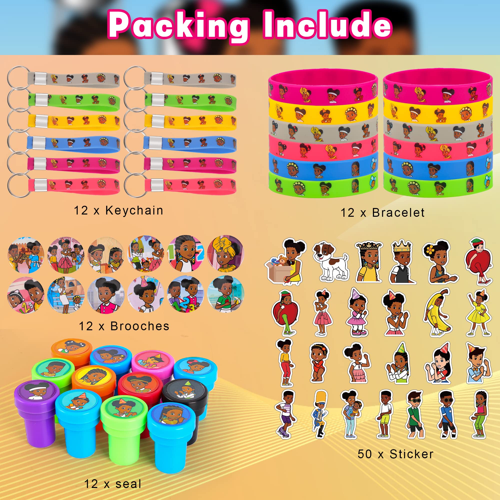 98PCS Birthday Party Decorations, Birthday Party Supplies, Party Favor Corner Include 12 Bracelets,12 Button Pins, 12 Keychain, 12 seal,50 Stickers for Classroom Rewards,Birthday Party Gift