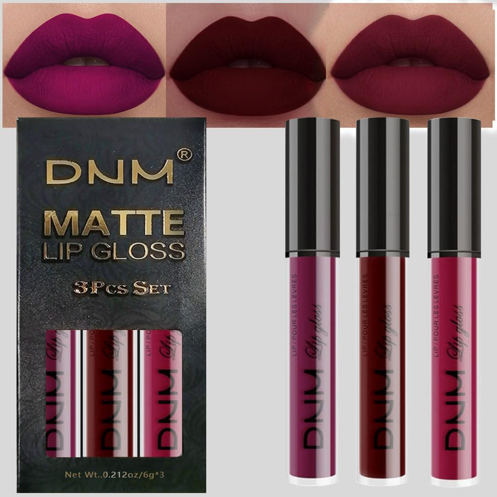 evpct DNM 3Pcs Dark Red Purple Plum Matte Liquid Lipstick Lip Stain Sets for Women Matte+Lipstick Dark Maroon Long Lasting Permanent Lipstick 24 hr Hours Magic Lipstick 24 Hours original Waterproof