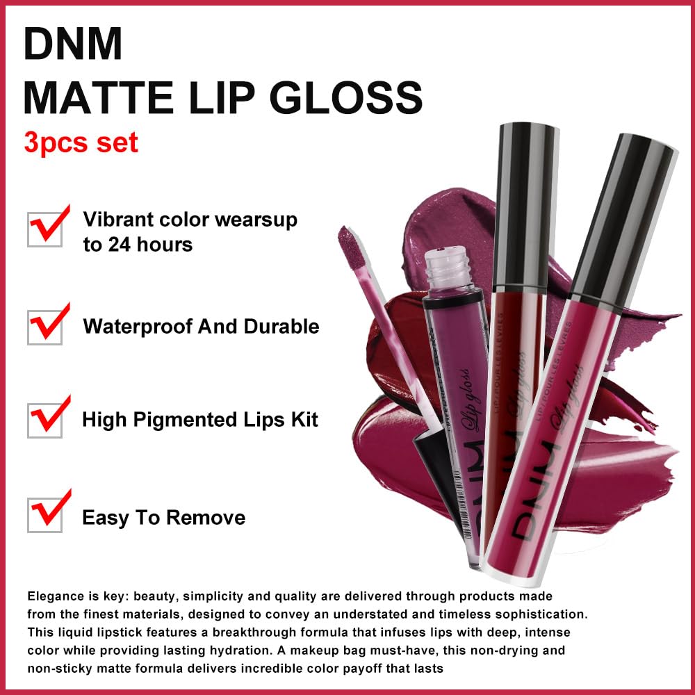 evpct DNM 3Pcs Dark Red Purple Plum Matte Liquid Lipstick Lip Stain Sets for Women Matte+Lipstick Dark Maroon Long Lasting Permanent Lipstick 24 hr Hours Magic Lipstick 24 Hours original Waterproof