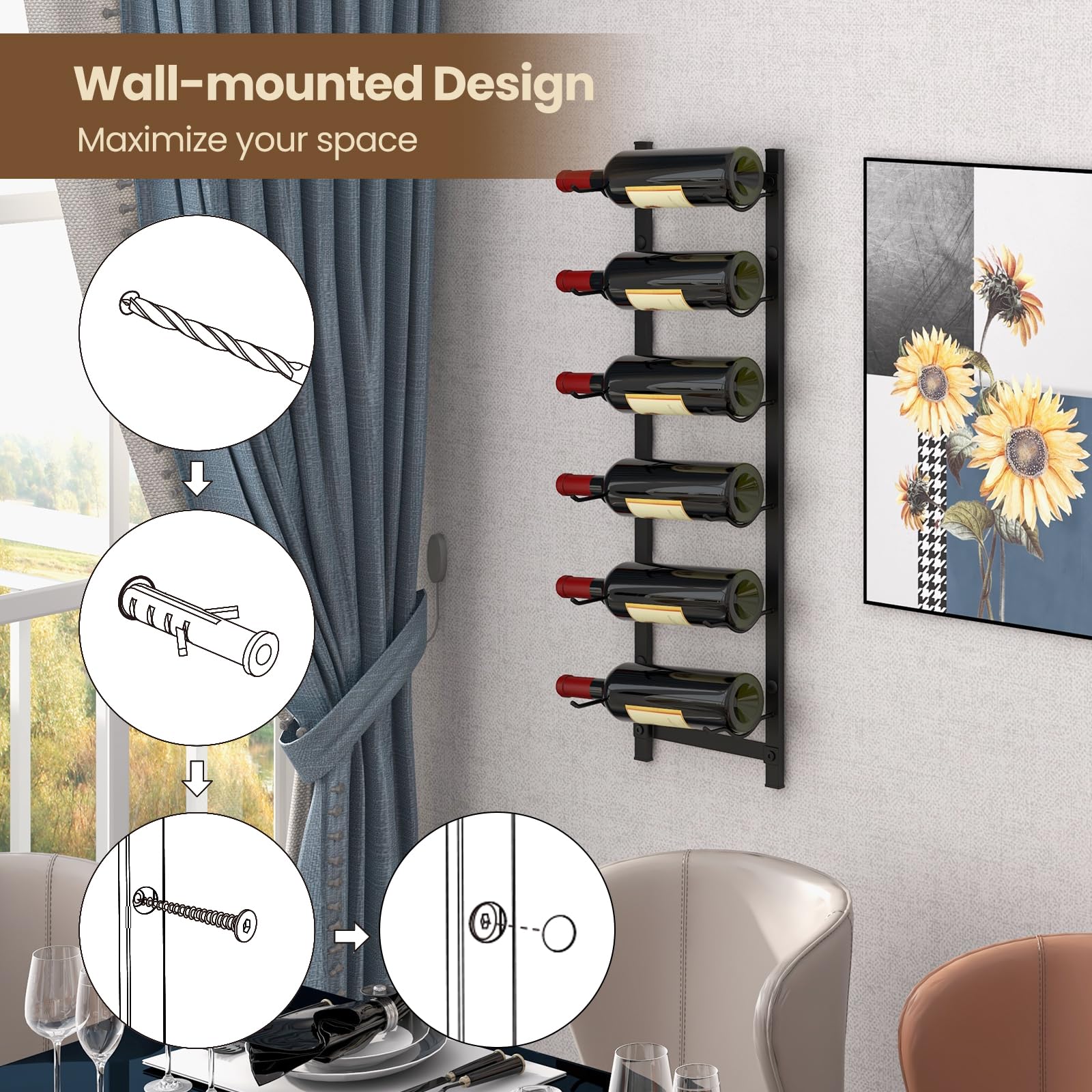 Giantex Wall Mounted Wine Rack for 6-Bottles, Metal Wall Wine Racks Organizer, Hanging Wine Holder Wall Mounted for Kitchen, Dining Room, Bar