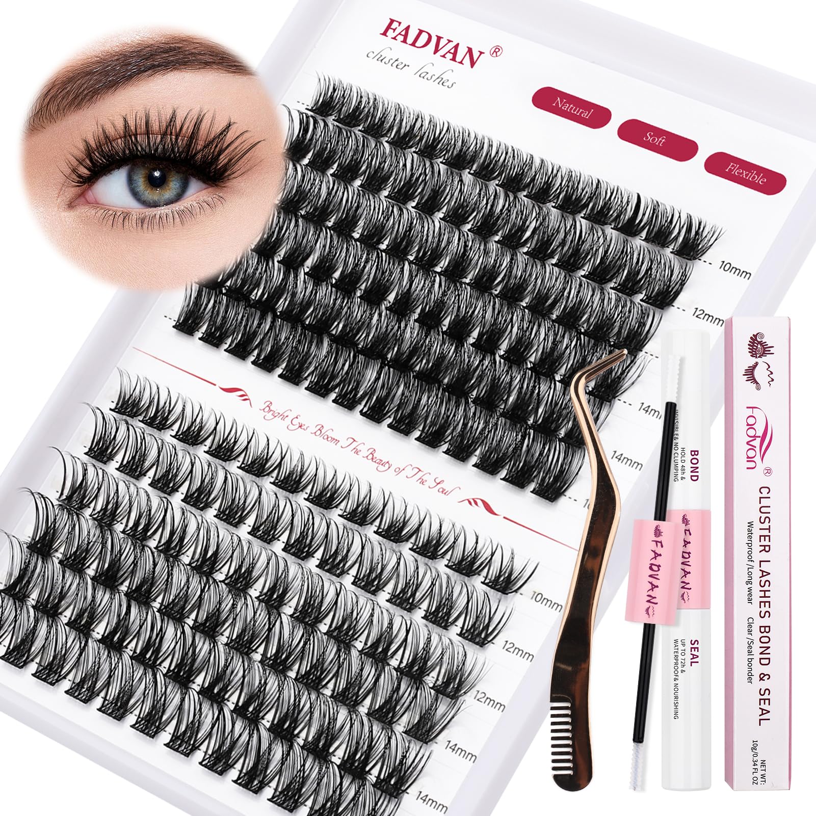 FADVAN DIY Lash Extension Kit D Curl Fluffy Lash Clusters Soft Velvet with Lash Bond and Seal and Lash Applicator Reusable 2 Styles Wispy False Eyelashes Easy to Apply at Home(Cece3+4,10-16MM-156 Pcs)