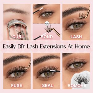 FADVAN DIY Lash Extension Kit D Curl Fluffy Lash Clusters Soft Velvet with Lash Bond and Seal and Lash Applicator Reusable 2 Styles Wispy False Eyelashes Easy to Apply at Home(Cece3+4,10-16MM-156 Pcs)