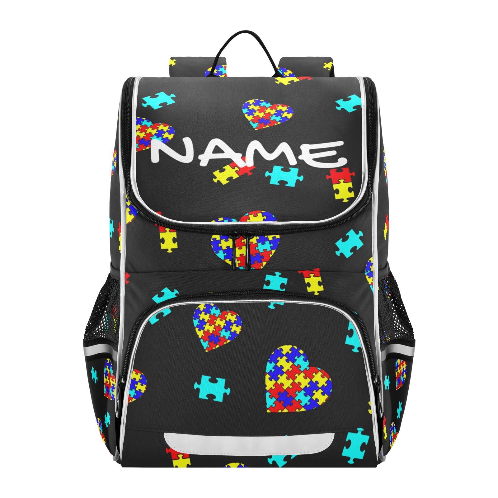 XUWU Custom Personalized Autism Awareness Colorful Puzzle Backpack with Reflective Strip for Kids Boys Girls Elementary School Bag Removable Chest Strap