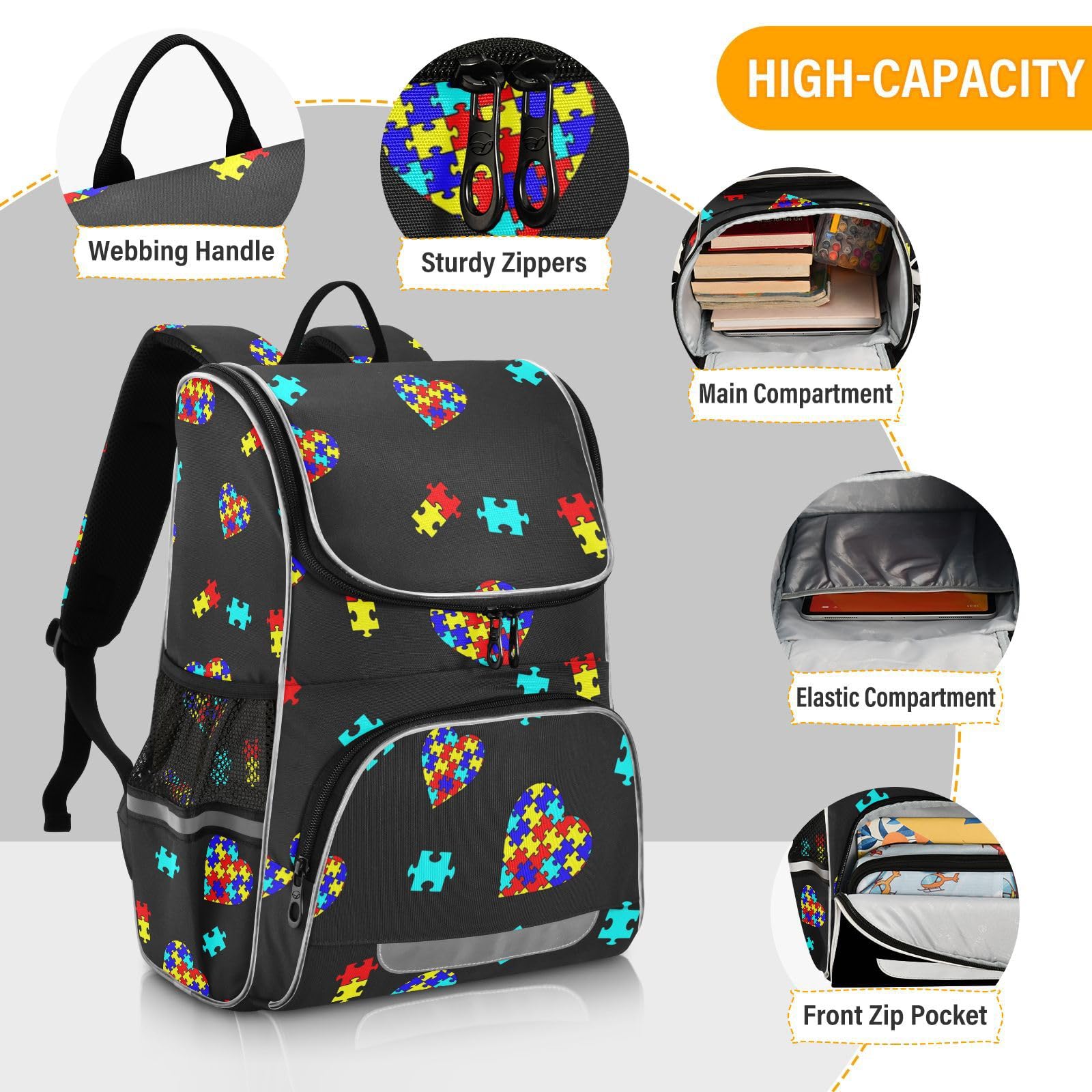 XUWU Custom Personalized Autism Awareness Colorful Puzzle Backpack with Reflective Strip for Kids Boys Girls Elementary School Bag Removable Chest Strap