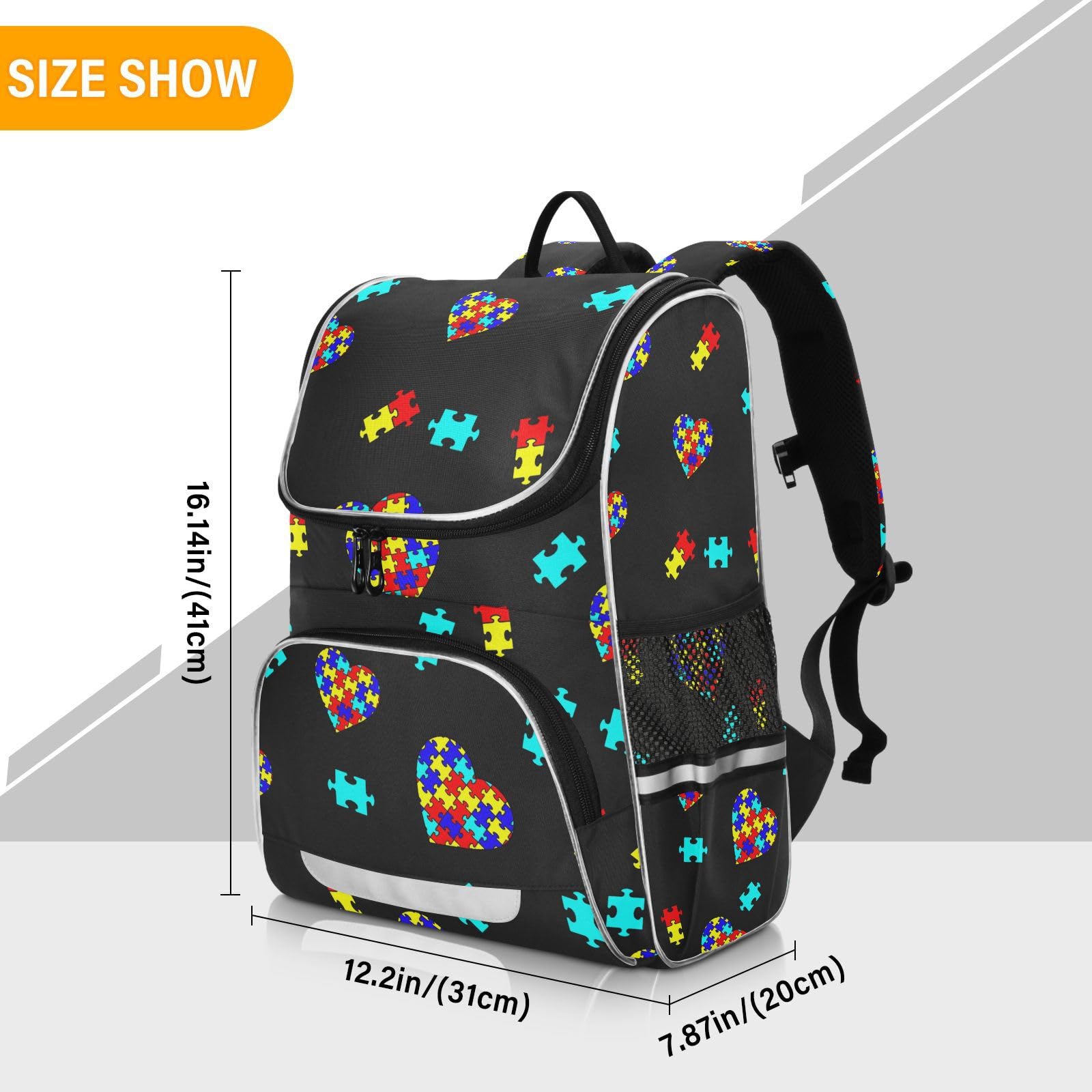 XUWU Custom Personalized Autism Awareness Colorful Puzzle Backpack with Reflective Strip for Kids Boys Girls Elementary School Bag Removable Chest Strap