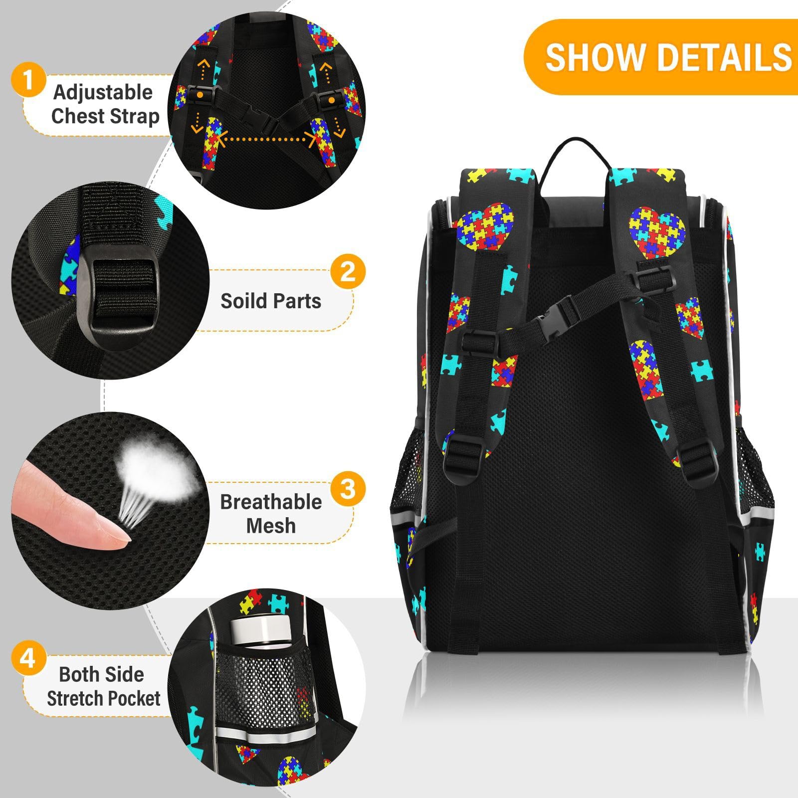 XUWU Custom Personalized Autism Awareness Colorful Puzzle Backpack with Reflective Strip for Kids Boys Girls Elementary School Bag Removable Chest Strap