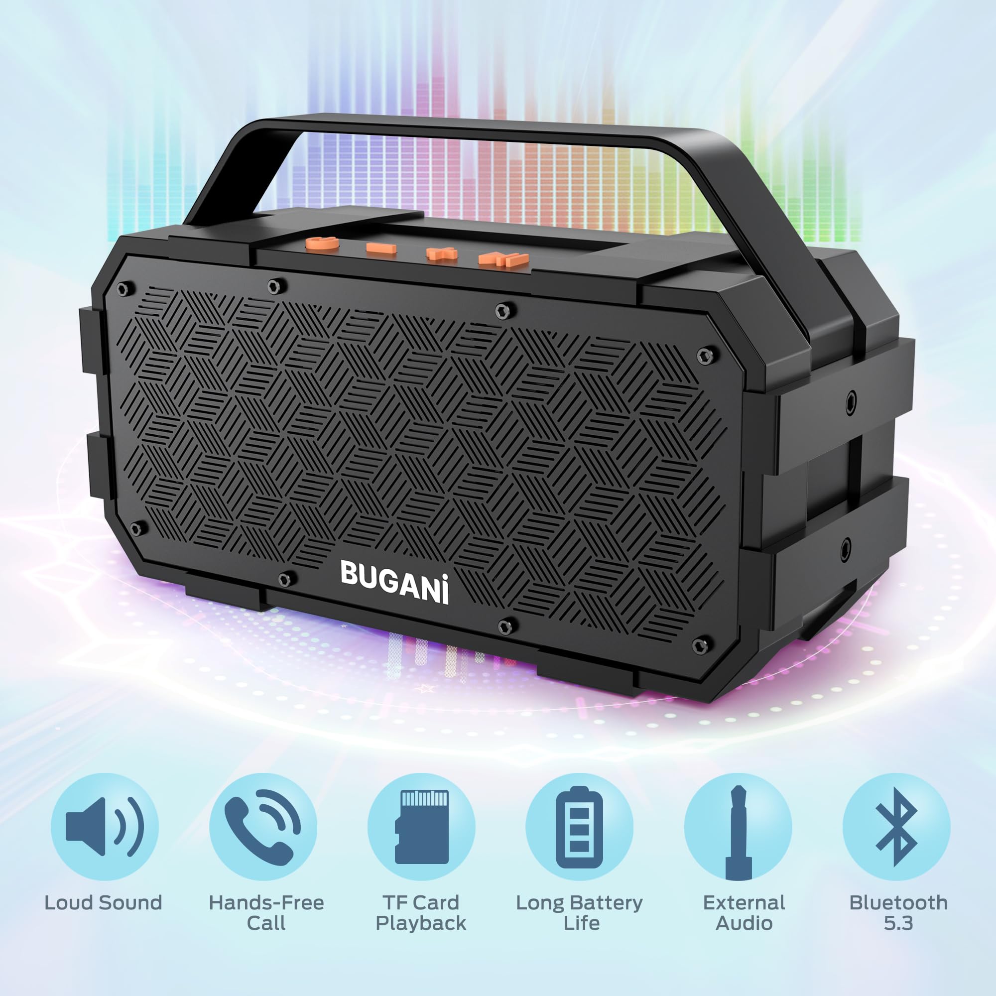 BUGANI Bluetooth Speakers, 40W Loud Portable Wireless Bluetooth Speaker, 24H Playtime Outdoor Speaker, Stereo Sound Rich Bass, TWS Pairing, Built-in Mic Supports TF Card, AUX for Party Outdoor Camping