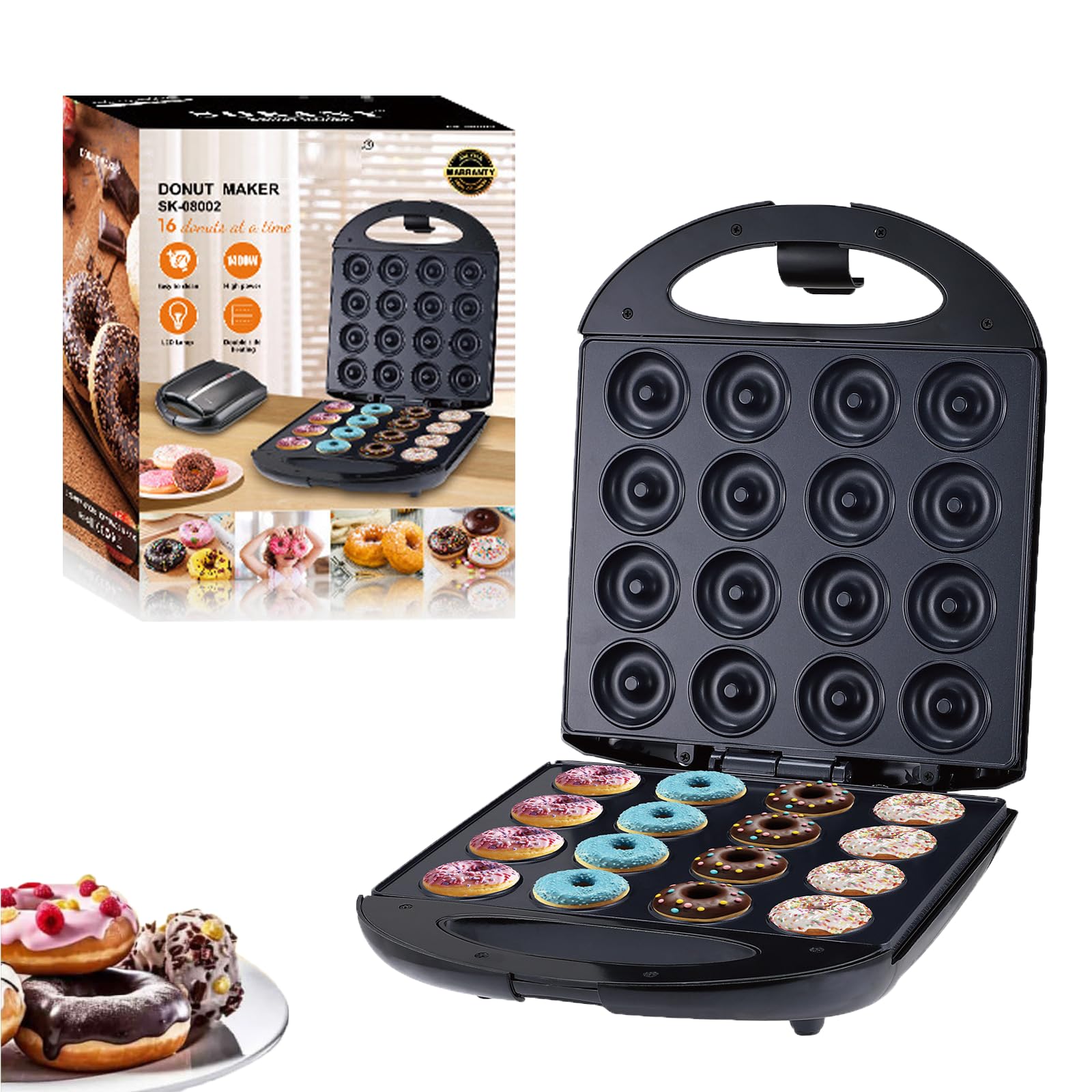 Mini Donut Maker, Machine for Kid-Friendly Breakfast, Mini pancakes maker Machine for Breakfas,Snacks, Desserts & More with Non-stick Surface, Double-sided heating Makes 16 Doughnuts - Black